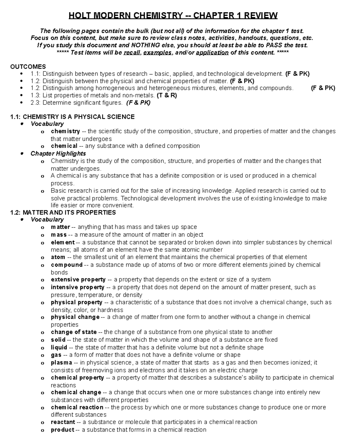 Chemistry Chapter 1 Review - HOLT MODERN CHEMISTRY - CHAPTER 1 REVIEW ...