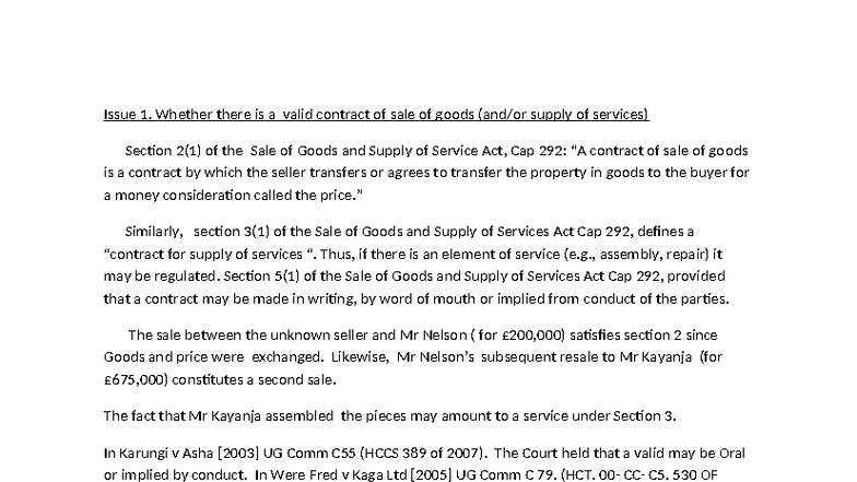 Sale of Goods & Services Act Cap 292: Issues 1 & 3 Analysis - Studocu