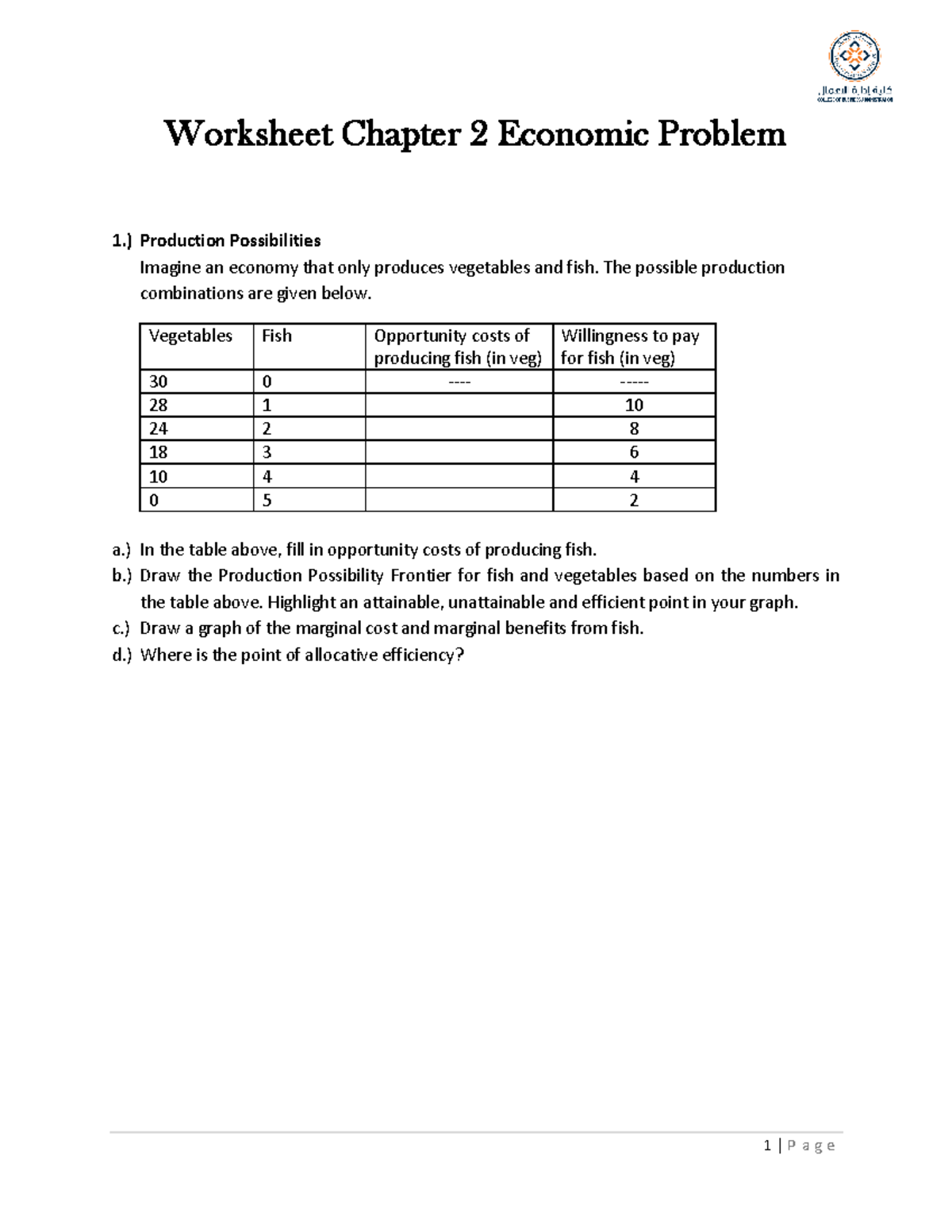 Chapter 2 Economic Problem Worksheet: Production Possibilities & Trade ...