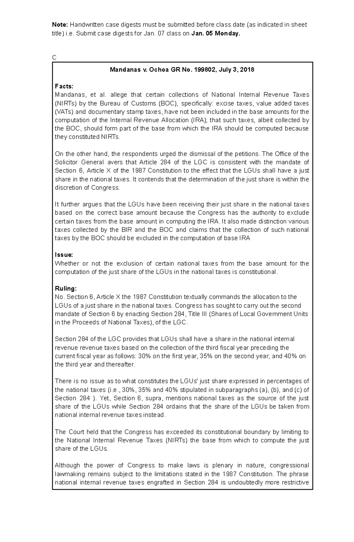Laws on Local Government Case Digests: C Mandanas v. Ochoa GR No ...