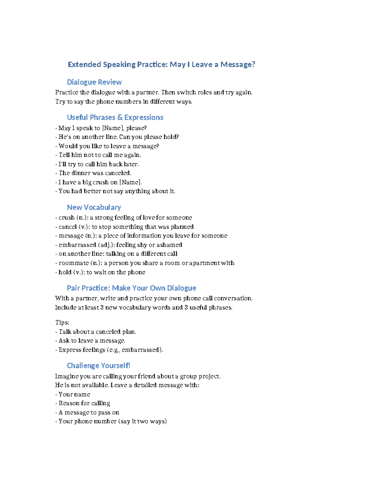 ENG 101: Extended Speaking Practice - May I Leave a Message? - Studocu