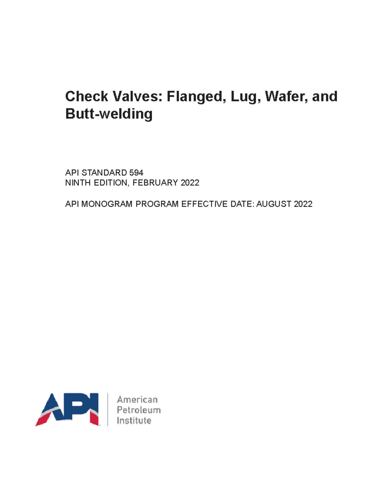 API 594 Check Valves Standards: Flanged, Lug, Wafer, Butt-welding - Studocu