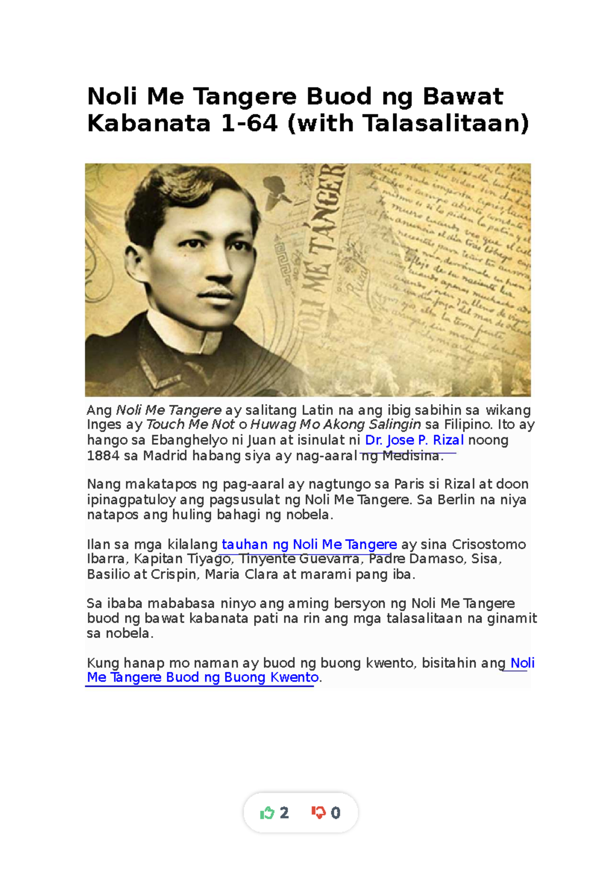 Noli Me Tangere Buod ng Kabanata 1-64 at Talasalitaan - Studocu