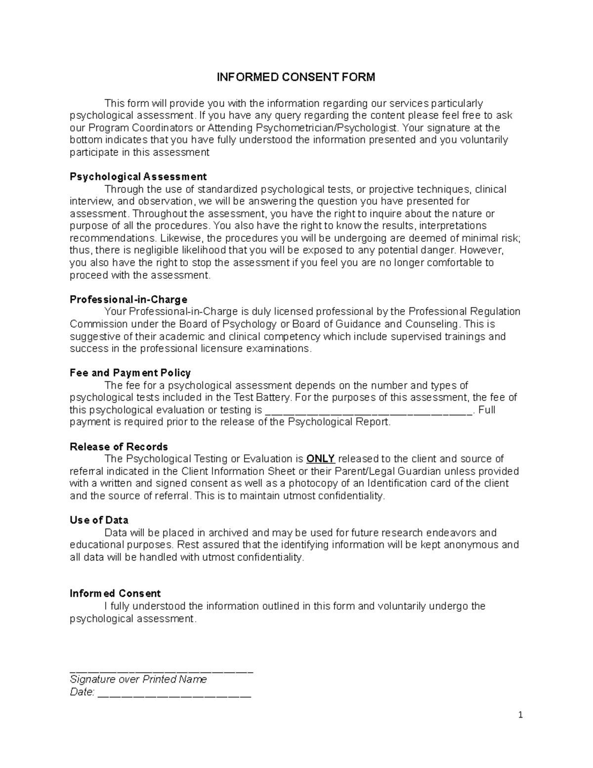 Sample Informed Consent Form for Psychological Assessment - Studocu