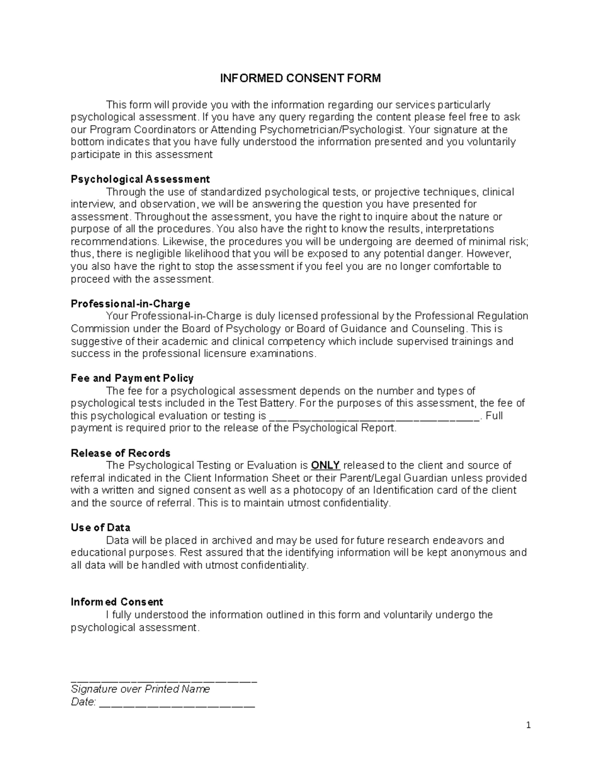 Sample Informed Consent Form For assessment - INFORMED CONSENT FORM ...