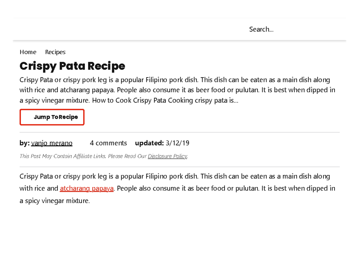 CUL-Pata Fry 1001 - Crispy Pata - Home Recipes Crispy Pata Recipe ...