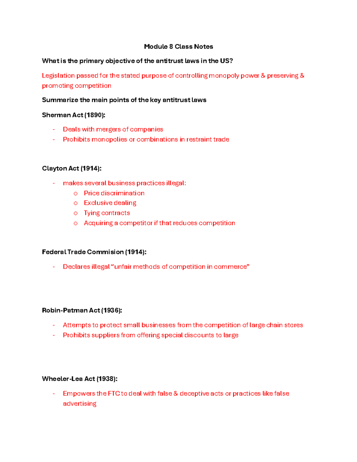 Module 8 Class Notes: US Antitrust Laws & Market Structures Overview ...