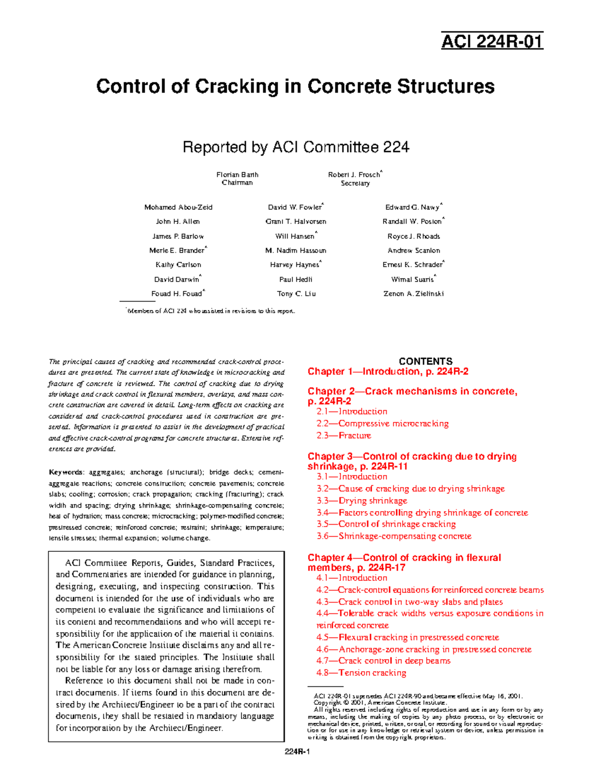 ACI 224R-01 Control of Cracking in Concrete Structures Report - Studocu