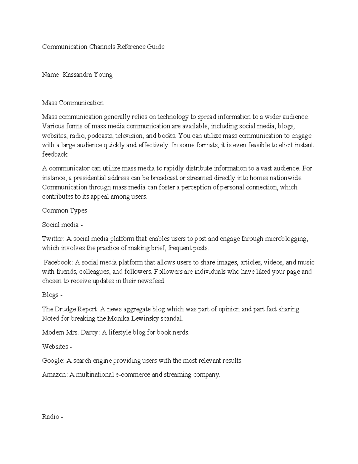 Mass Communication Channels Reference Guide (MCM 2-1 Activity) - Studocu