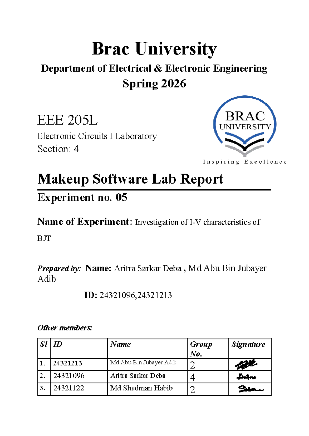 205L Electronic Circuits I Lab Report: BJT Characteristics ...