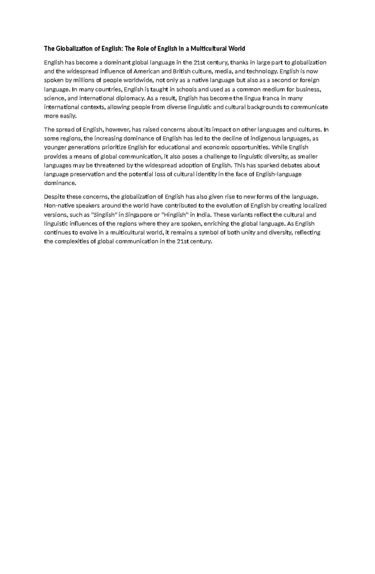 ENG 101: The Globalization of English in a Multicultural Context - Studocu