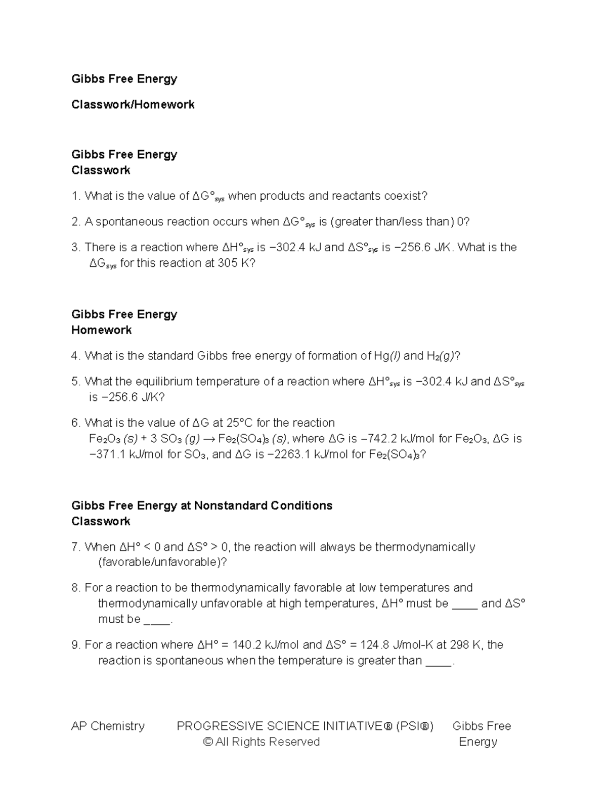 AP Chemistry Gibbs Free Energy Practice Problems - Studocu