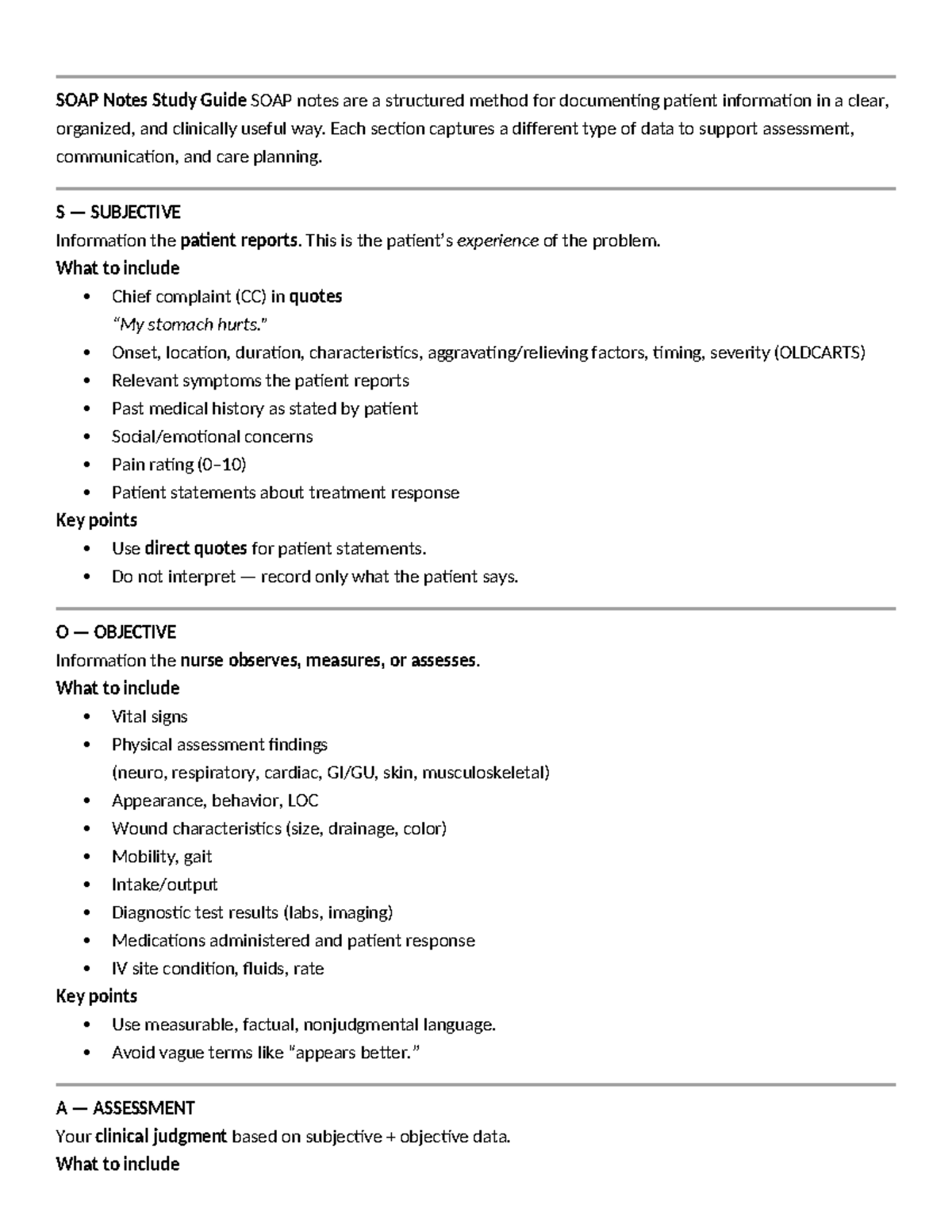 SOAP Notes Study Guide: Understanding S, O, A, P for Patient Care - Studocu