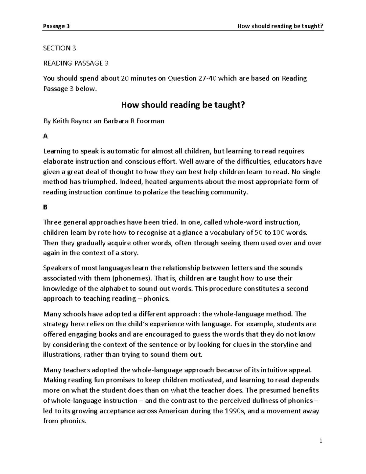 Passage 3 - How Should Reading Be Taught? Questions 27-40 - Studocu