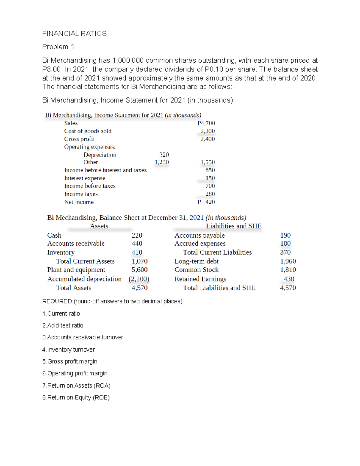 2 Financial Ratios Drills for Students: Analysis & Calculations - Studocu