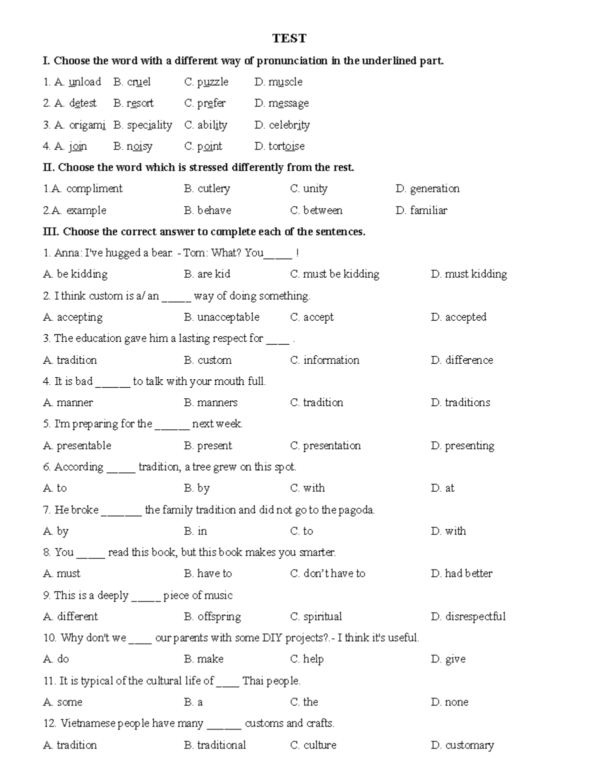 English Test 12: Pronunciation & Stress Patterns - Studocu