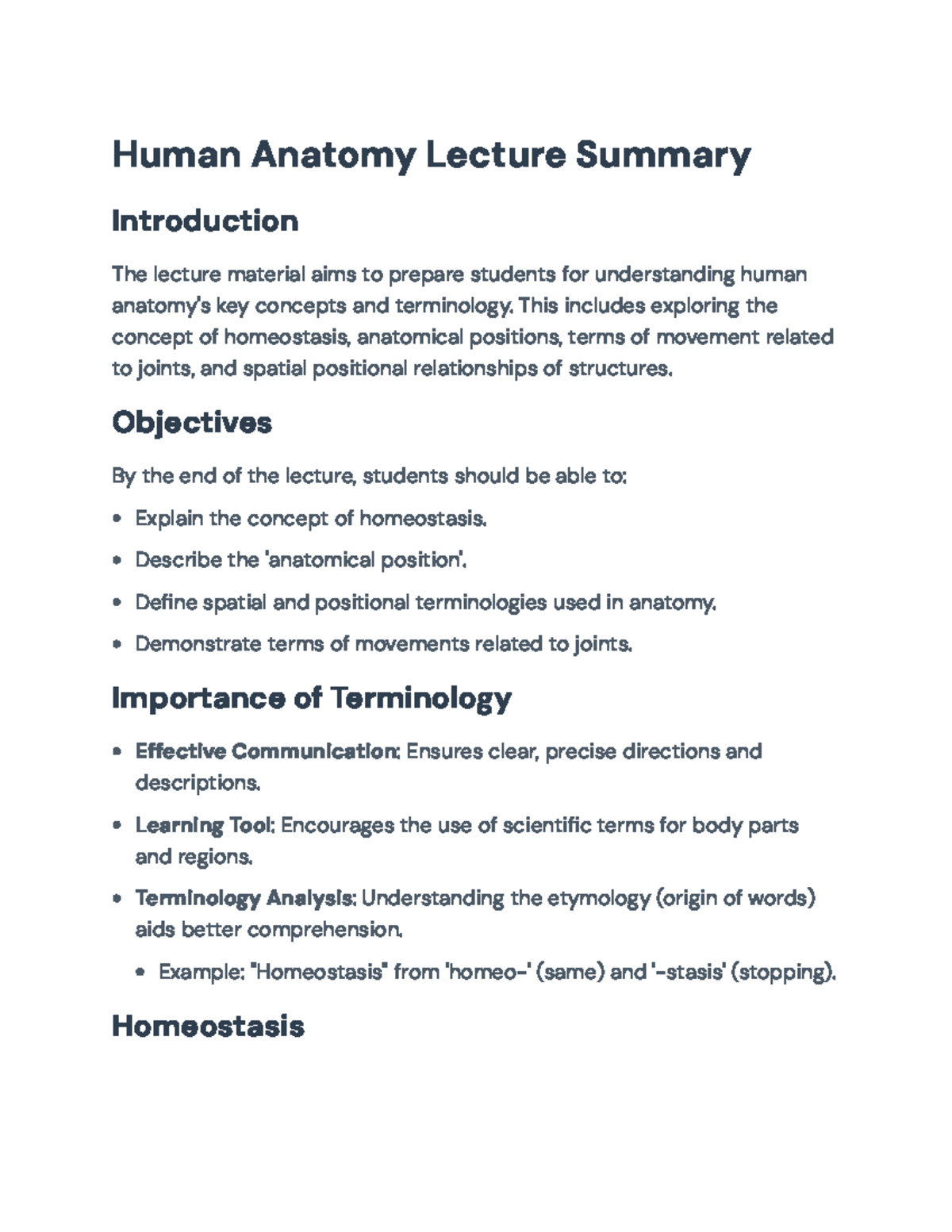 Human Anatomy Lecture Summary: Key Concepts and Terminologies - Human ...