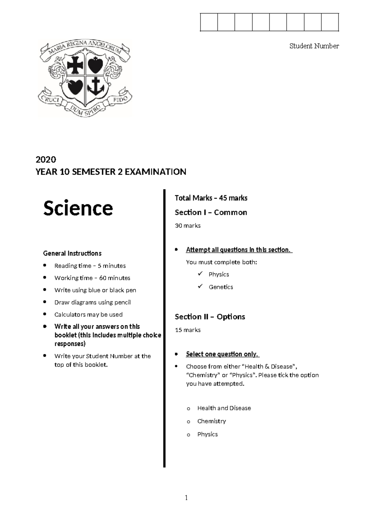 2020 EOY Final Print COPY - 2020 YEAR 10 SEMESTER 2 EXAMINATION Science ...
