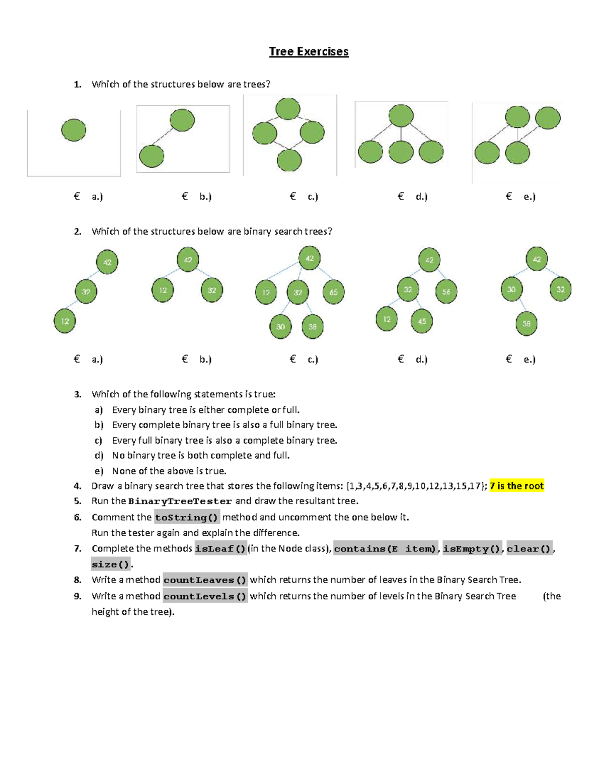Tree Exercises: Binary Search Trees & Properties Analysis - Studocu