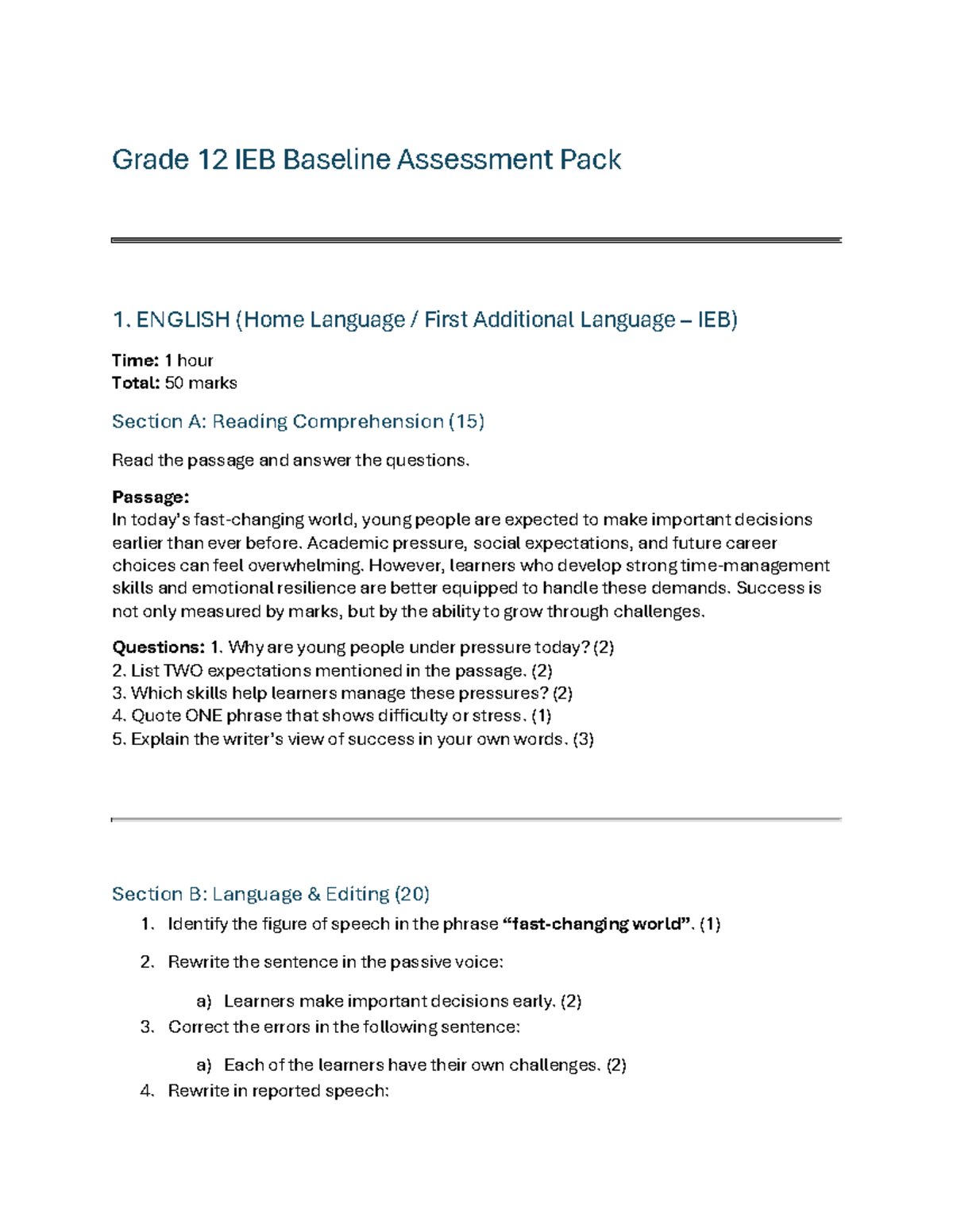 Grade 12 IEB Baseline Assessment: English, Business & Maths Literacy ...