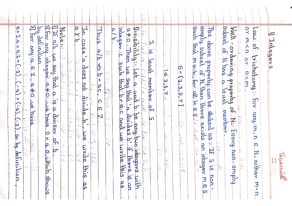 Maths 1 classwork - ...... - Vidyalekhana DATE Integers PAGE Law of ...
