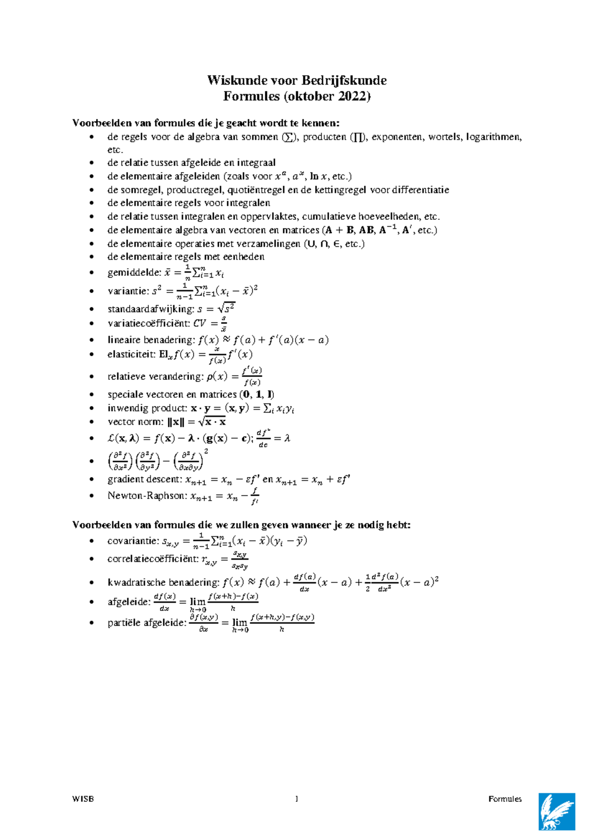 WISB Formules - Wiskunde voor Bedrijfskunde (oktober 2022) - Studeersnel