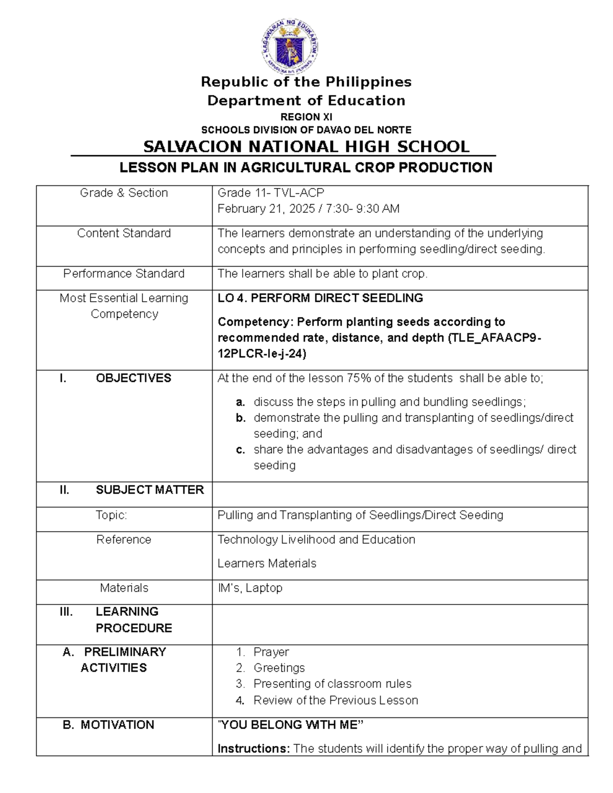 Agricultural Crop Production Lesson Plan (Grade 9) - Pulling & Transplanting - Studocu