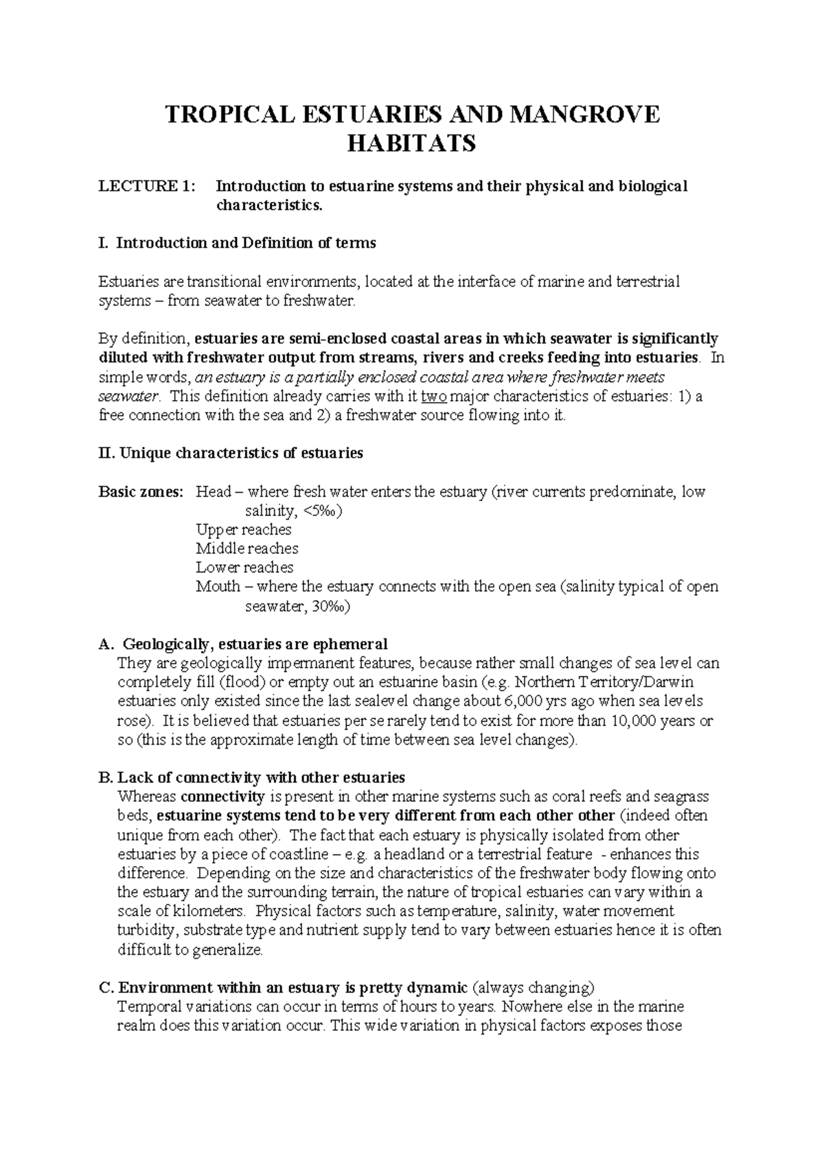 Lecture 7 Notes MB2050: Unique Environments of Estuaries & Mangroves ...