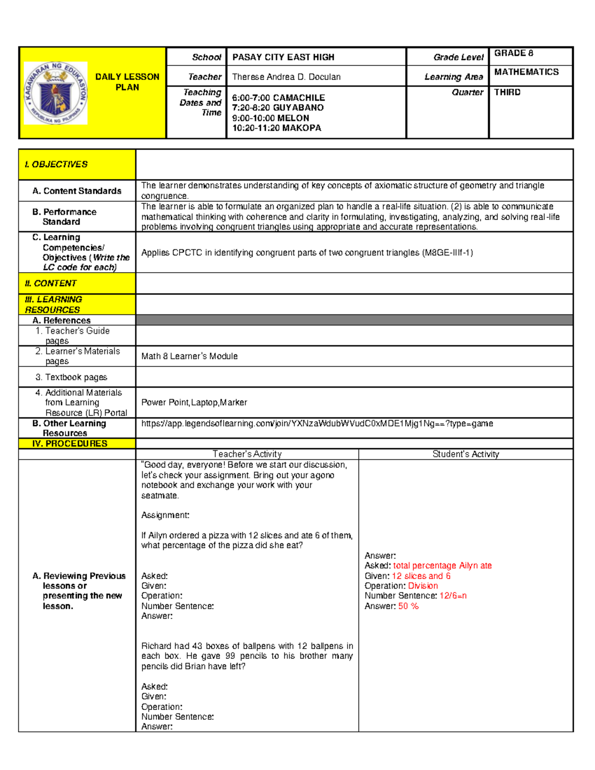 DLP - CPCTC Application in Triangle Congruence - Lesson Plan - Studocu