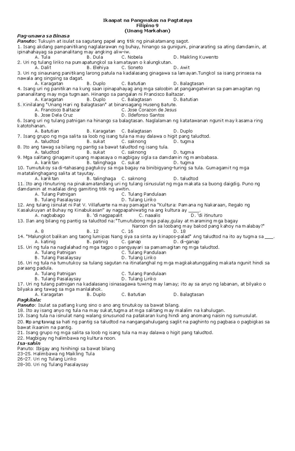 G9 Quiz 4: Pagsusuri sa Tula at Panitikan - Tula at Kahulugan - Studocu