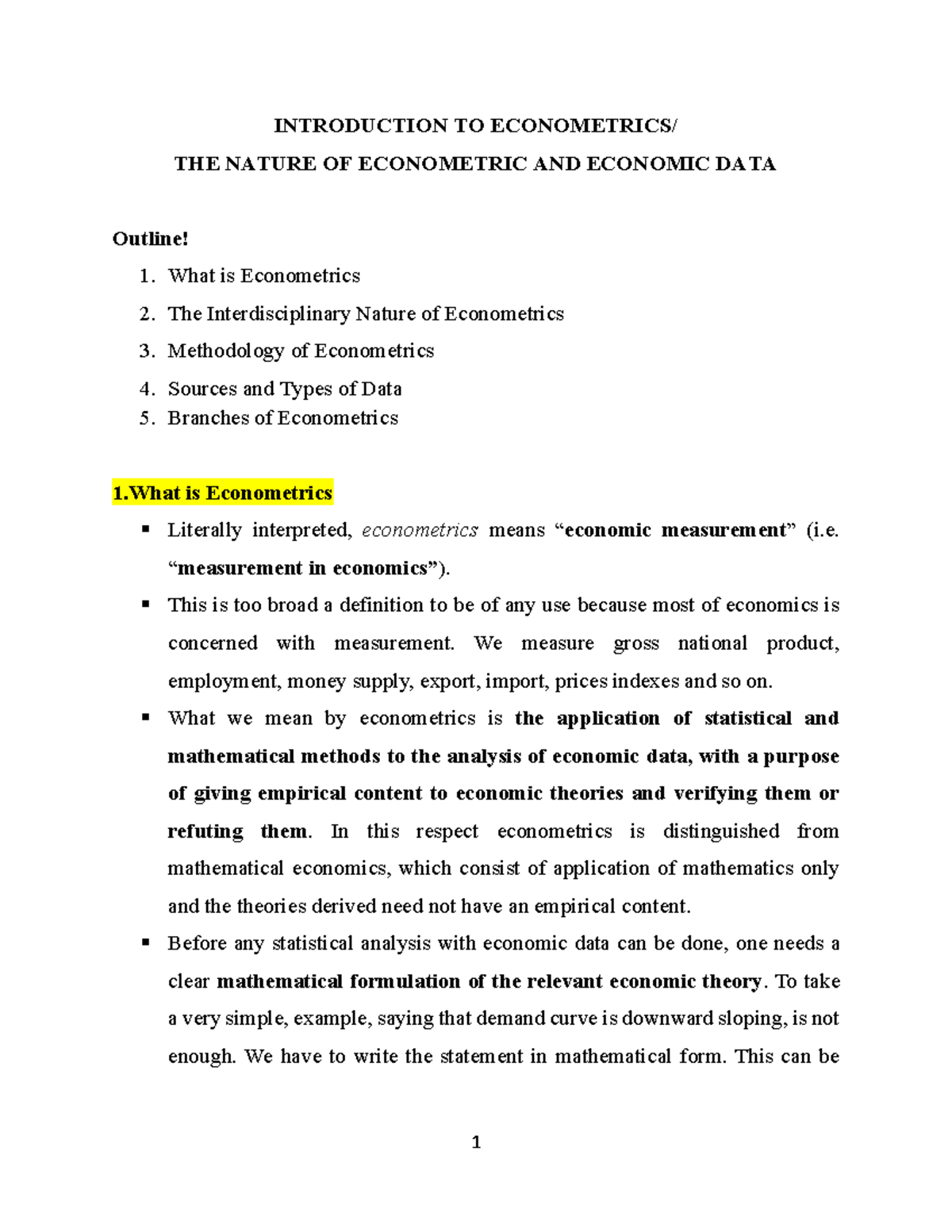 Lecture 1: Introduction to Econometrics and Economic Data Analysis ...