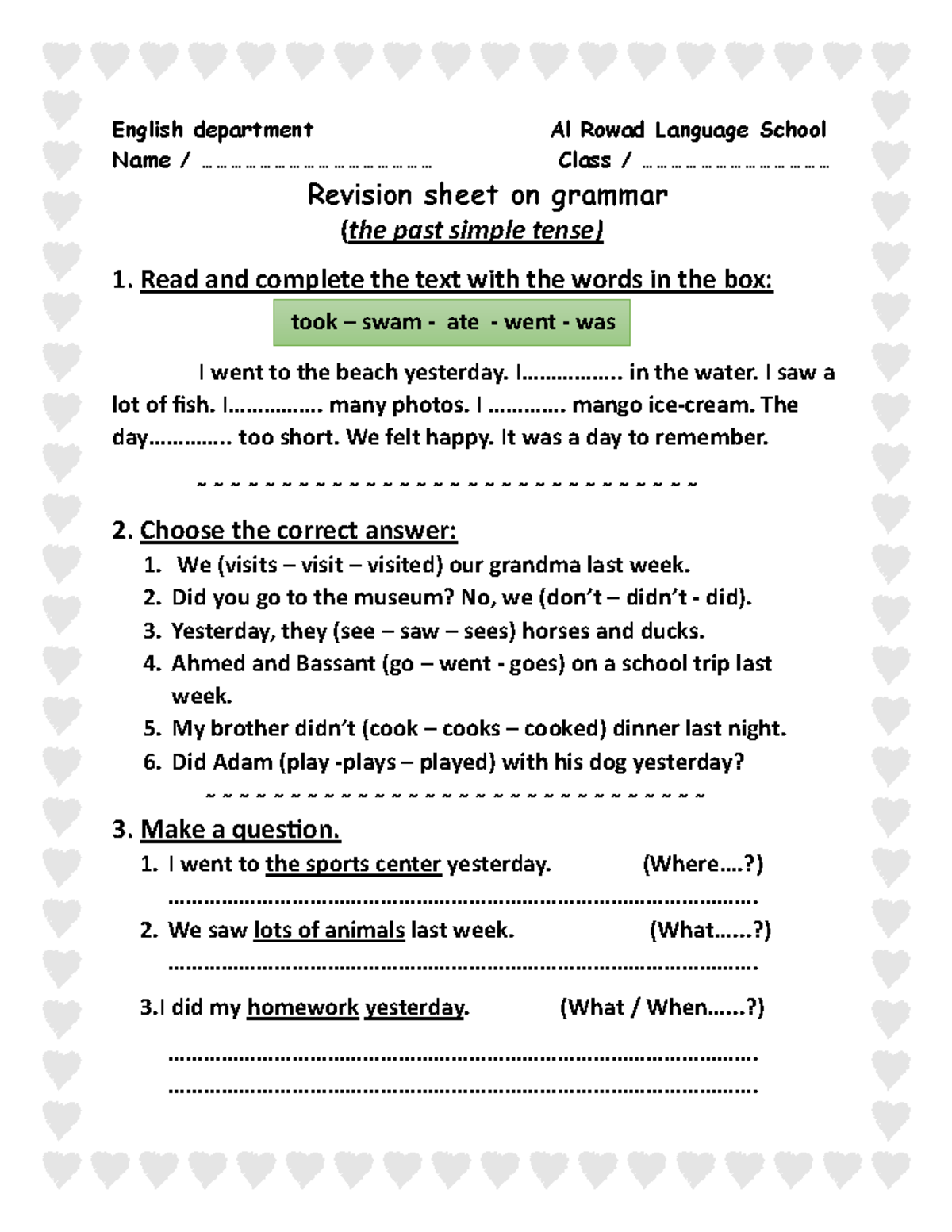 Past simple grammar revision sheet for English class - Studocu