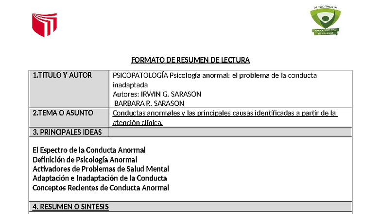 Resumen de Lectura: Psicología Anormal y Conducta Inadaptada - Studocu