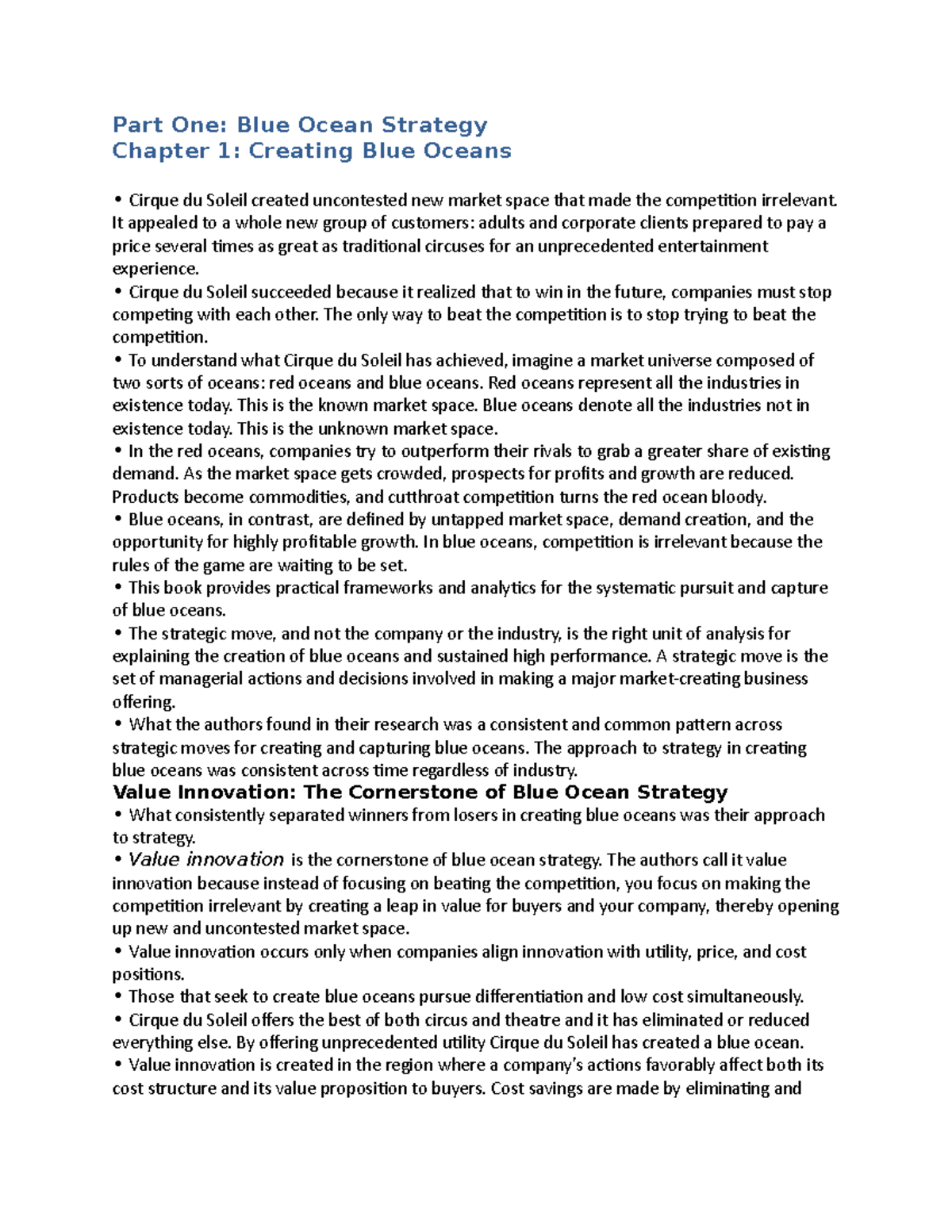Summary of Blue Ocean Strategy: Key Insights from All Chapters - Studocu