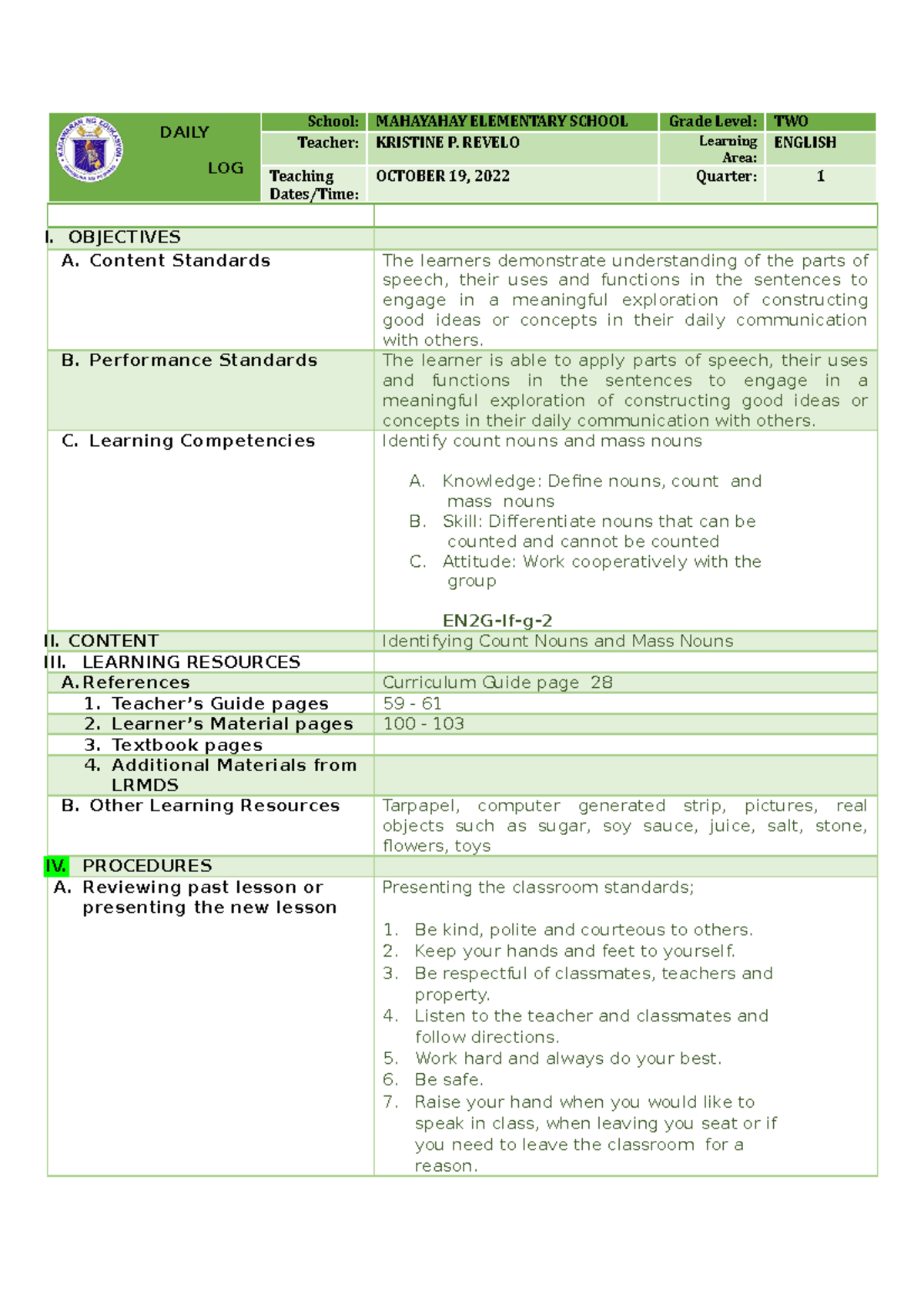 English DLP - dll - DAILY LESSON LOG School: MAHAYAHAY ELEMENTARY ...