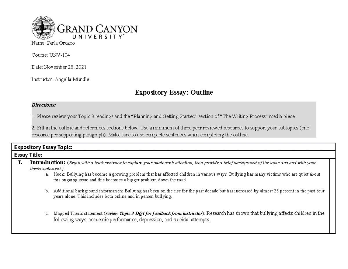 UNV 104 Expository Essay Outline: Bullying's Impact on Children - Studocu