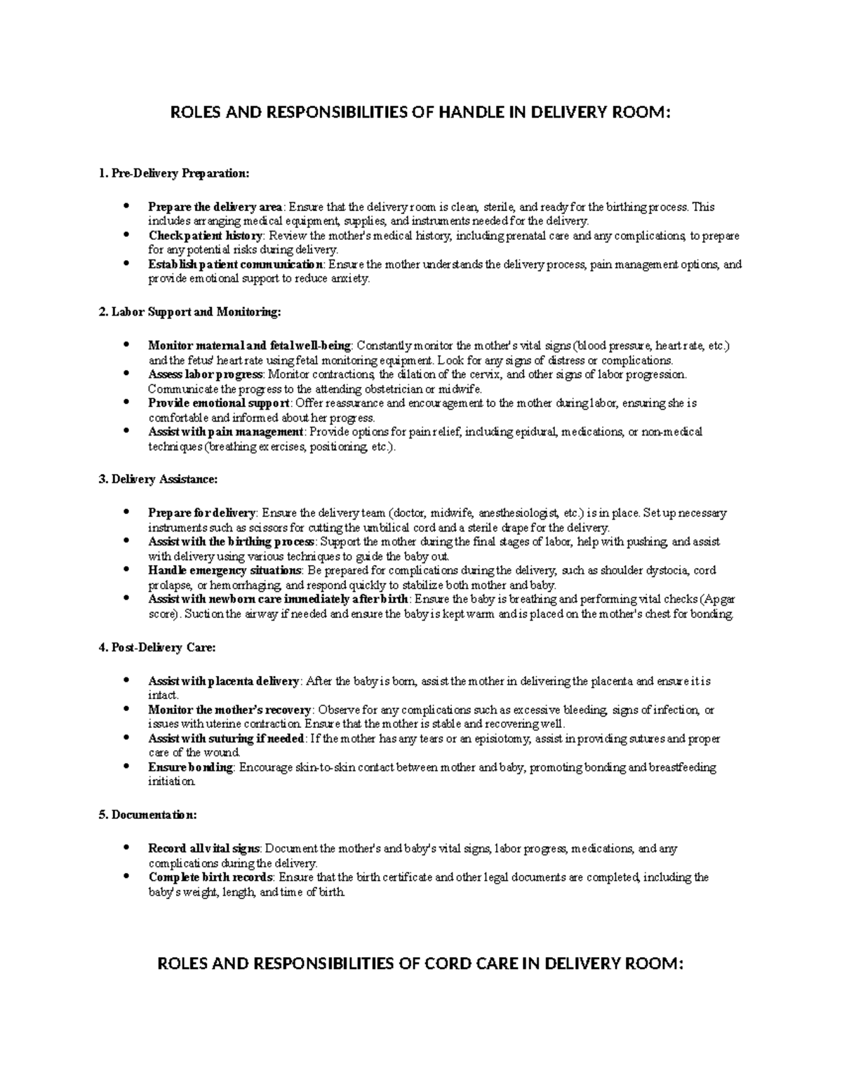 Roles and Responsibilities of Handle in Delivery Room - WCECE - Studocu