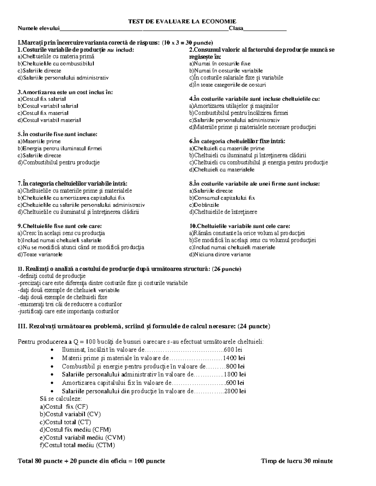 Test de evaluare economie - Clasa a XI-a - 100 puncte - Studocu