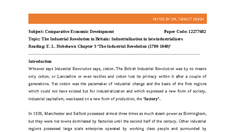Comparative Economic Development: The Industrial Revolution in Britain ...