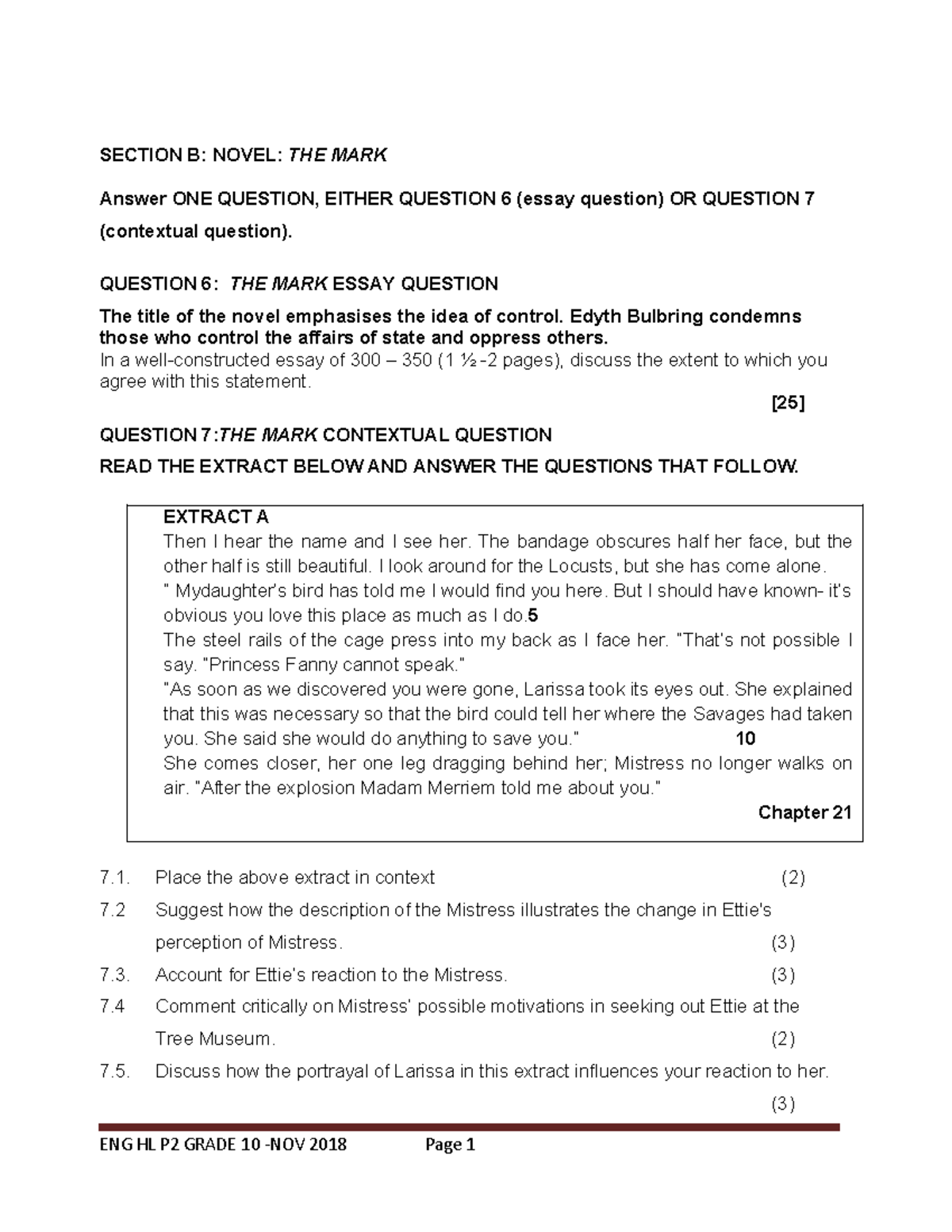 Grade 10 English: The Mark Study Guide for Exam (ENG HL P2) - Studocu