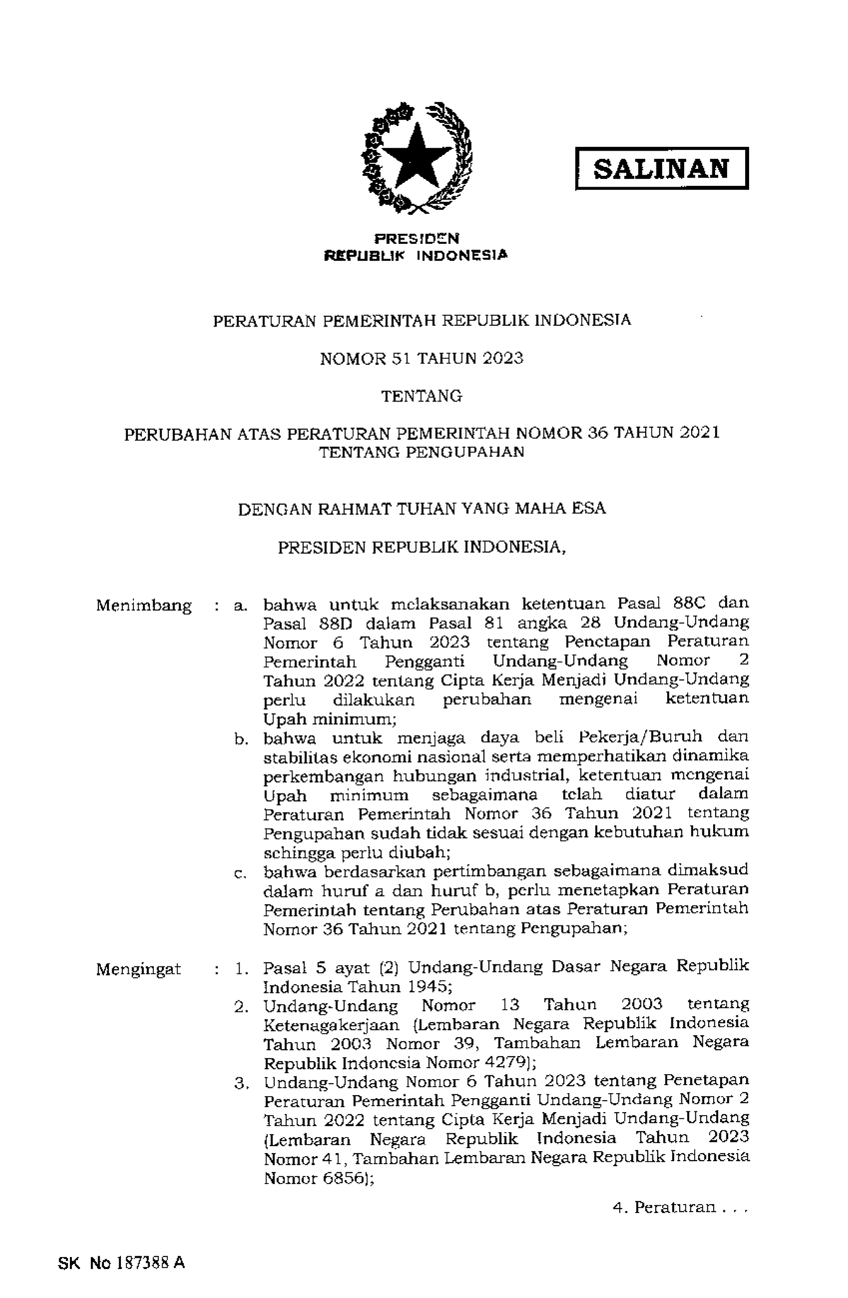 Peraturan Pemerintah Nomor 51 Tahun 2023 tentang Perubahan PP Nomor 36 ...