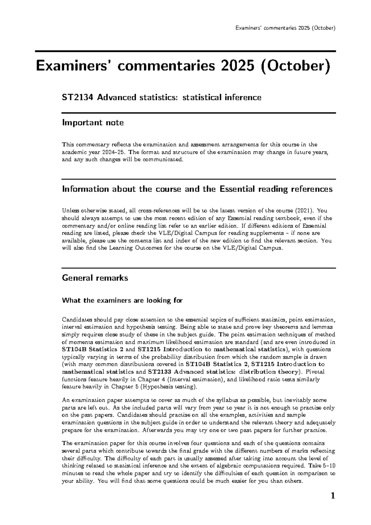 ST2134 Advanced Statistics: Exam Commentary October 2025 - Studocu