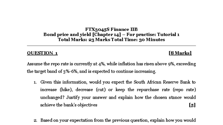 FTX3045S Finance IIB Bond Prices & Yields Practical 1 Questions - Studocu