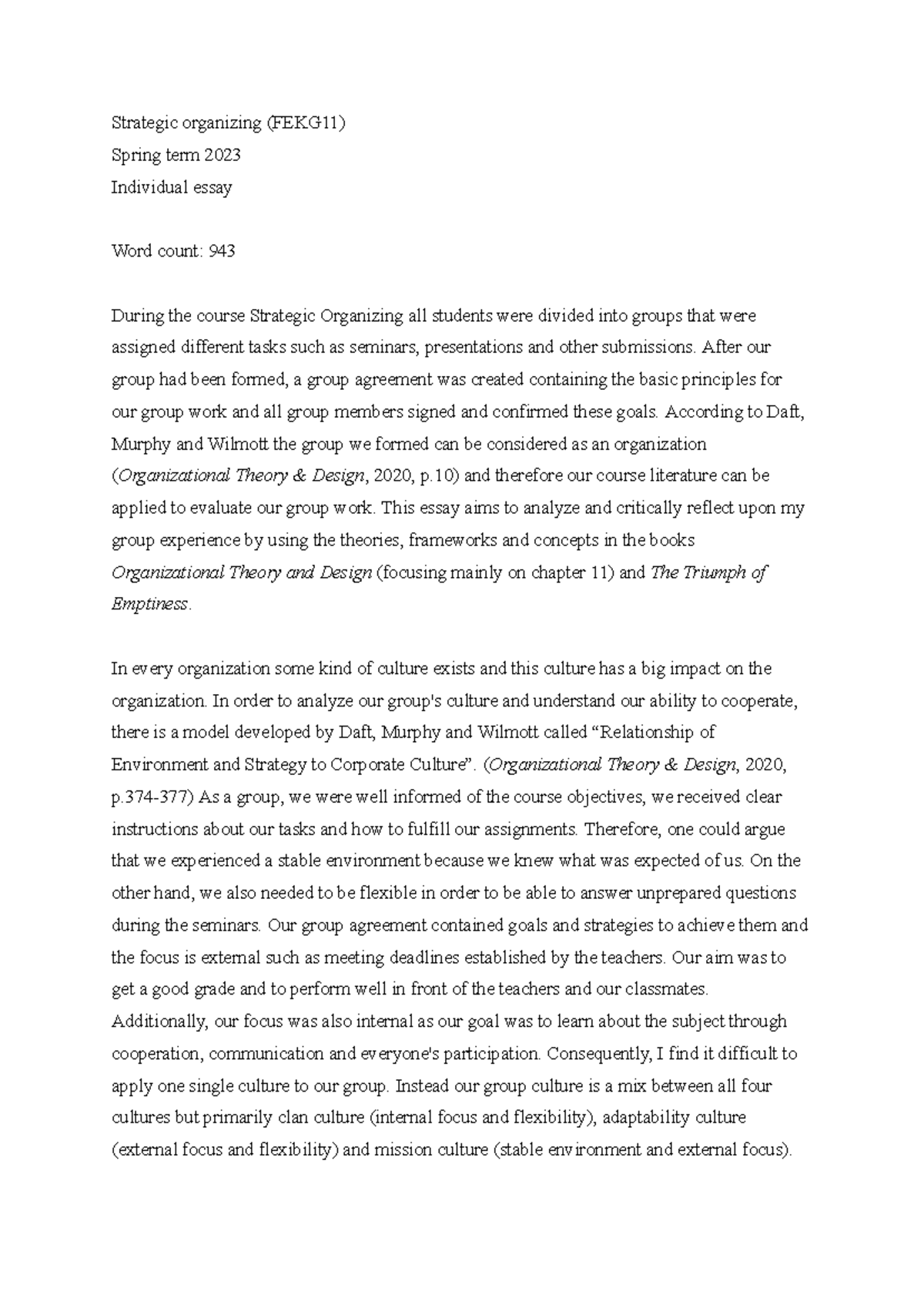 FEKG11 Individual Essay on Group Dynamics and Culture Analysis - Studocu