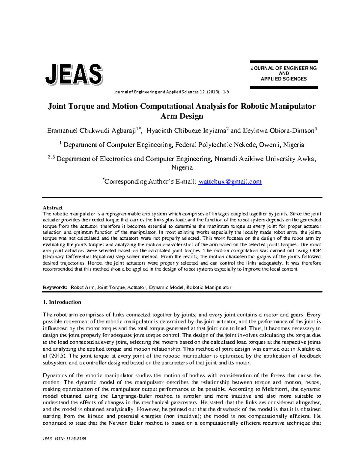 Joint Torque & Motion Analysis for Robotic Manipulator Arm Design - Studocu
