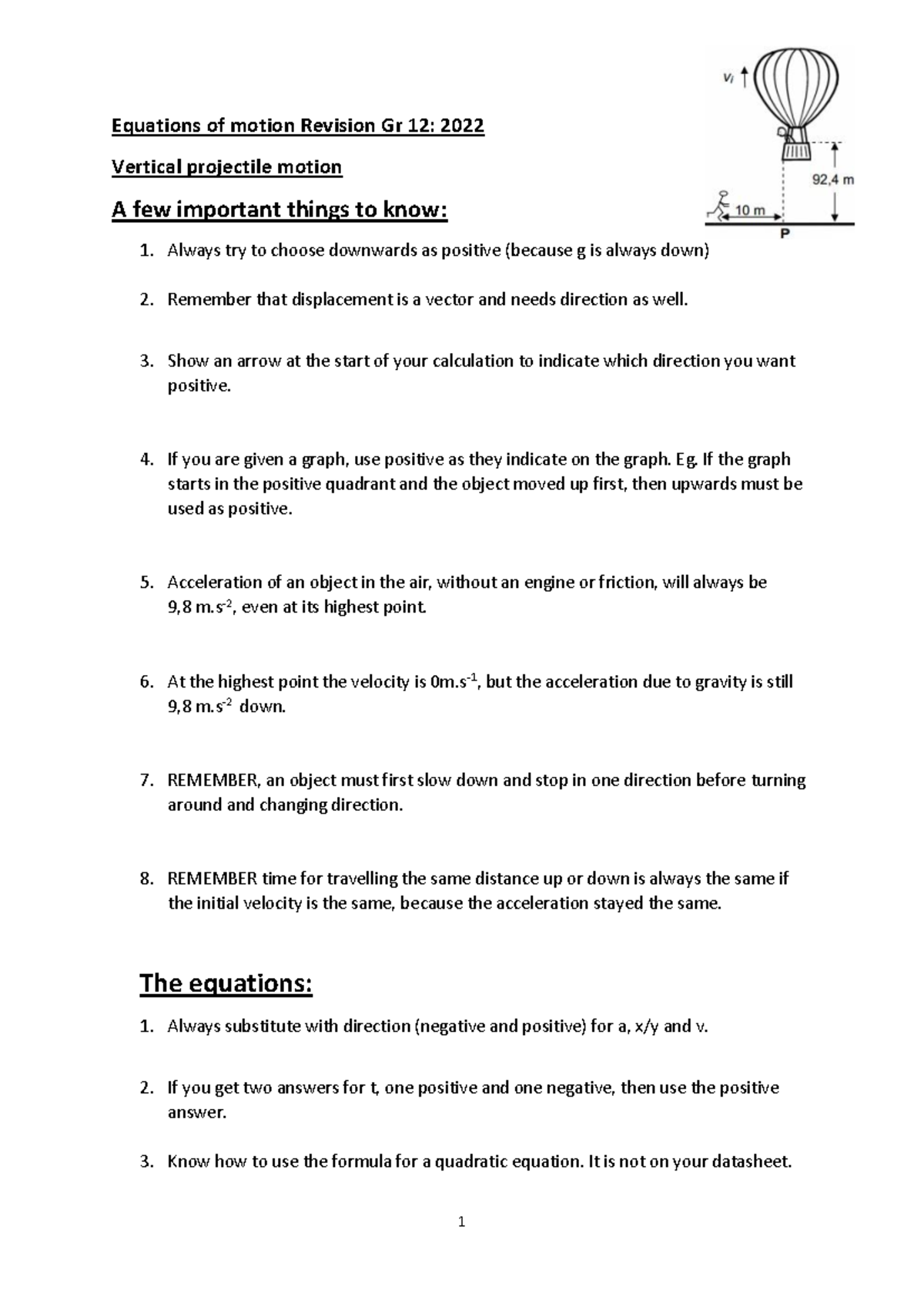 Equations of Motion Revision Gr 12: Vertical Projectile Motion Tips ...
