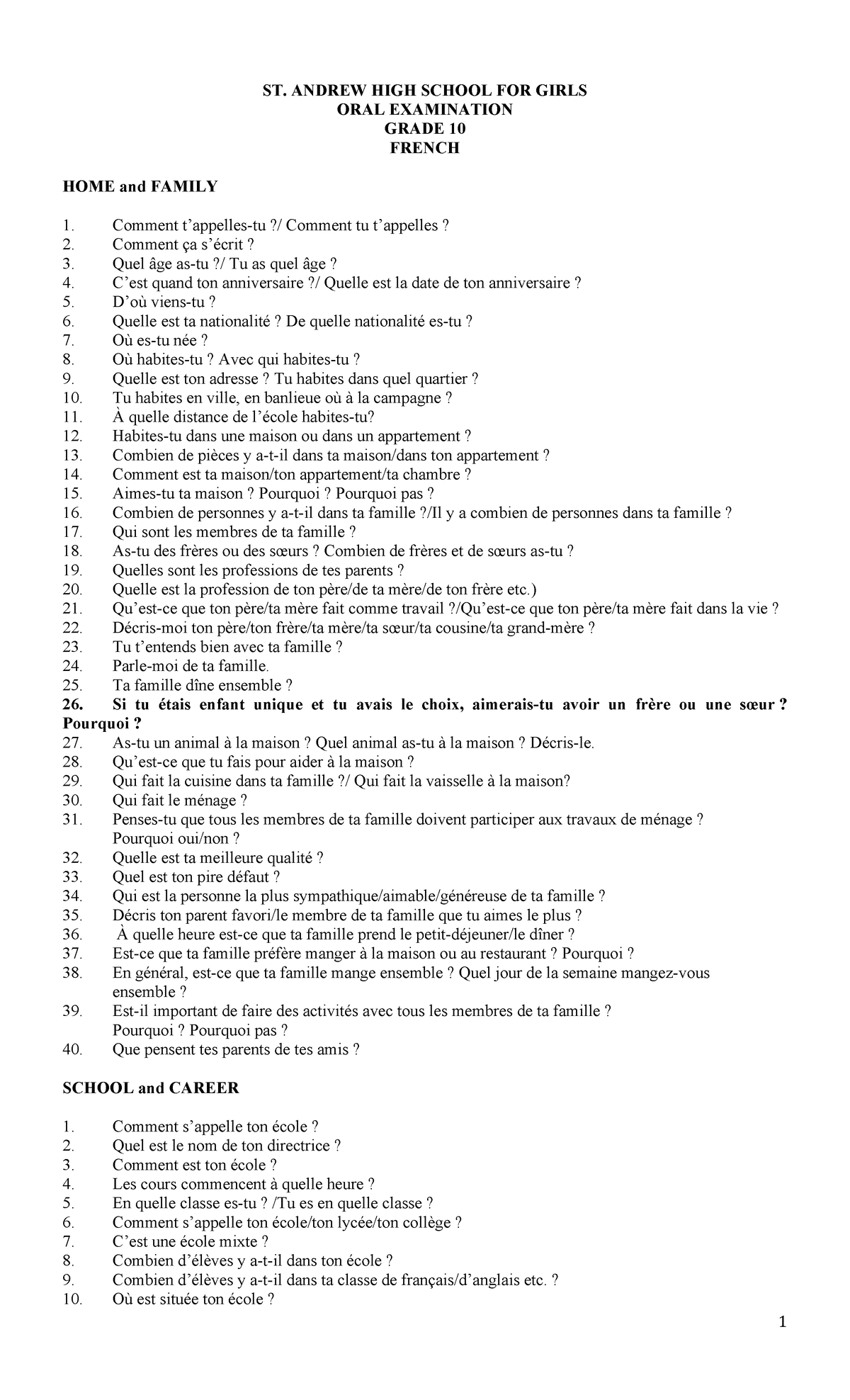 Oral Exam Questions for French - Grade 10 Full List - Studocu