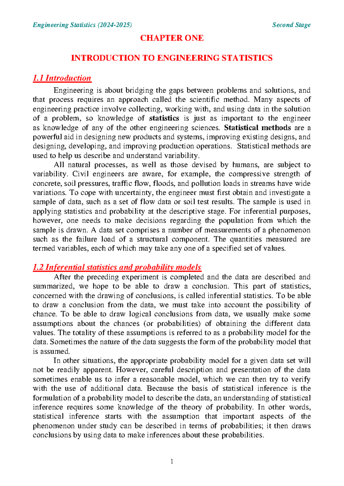 Engineering Statistics Second Stage: Chapter 1 - Introduction to ...