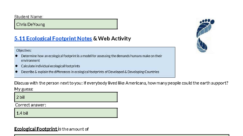 Ecological Footprint Notes Activity: Understanding Our Impact - Studocu