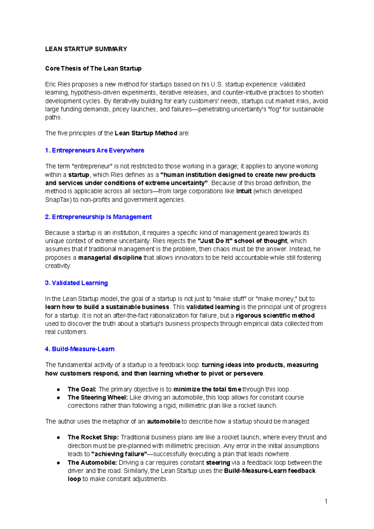 LEAN STARTUP SUMMARY: Key Principles and Insights from Eric Ries - Studocu
